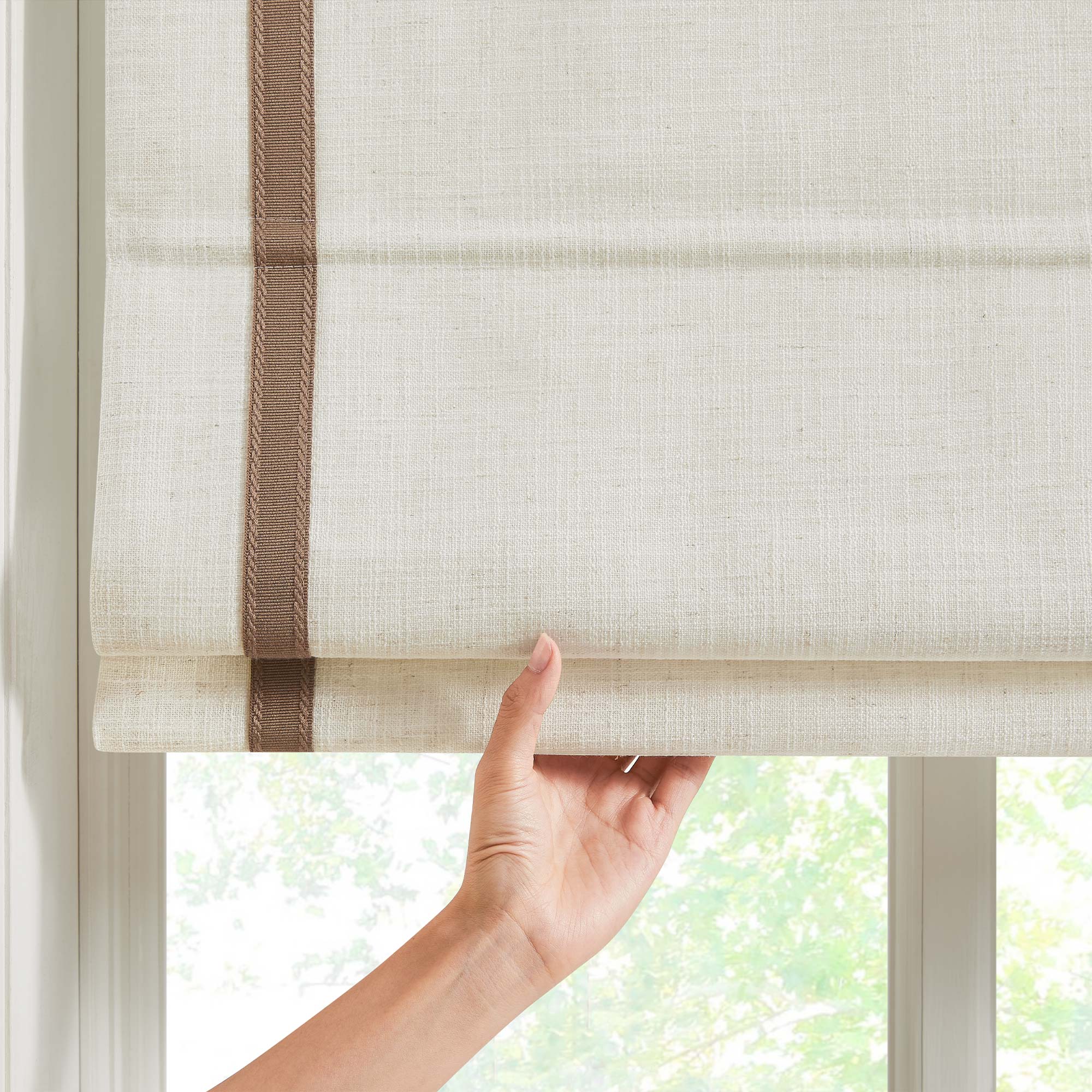 Lesley Custom Linen Roman Shades - Ivory with Trim – Curtarra