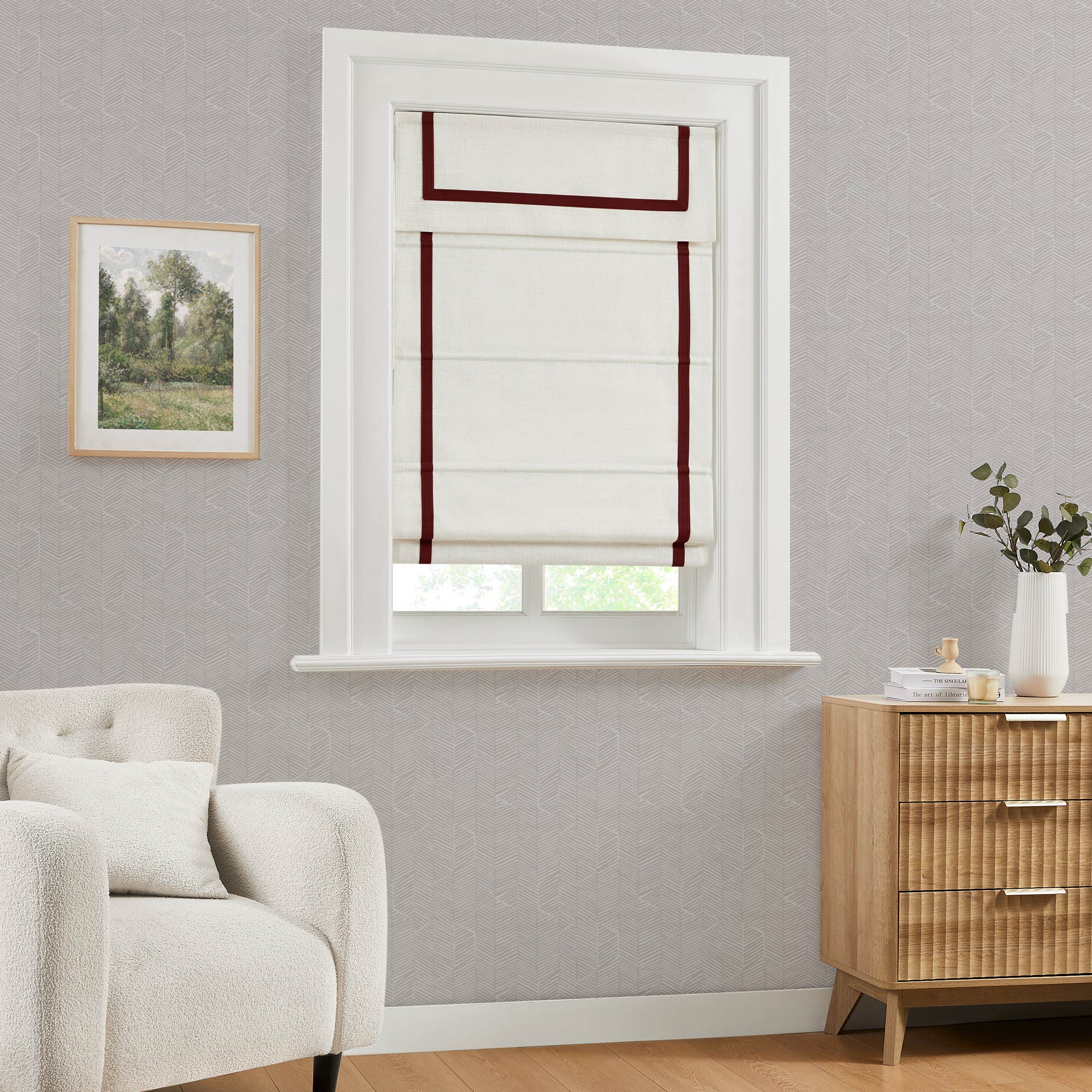Lesley Custom Linen Roman Shades - Ivory with Valance and Trim – Curtarra