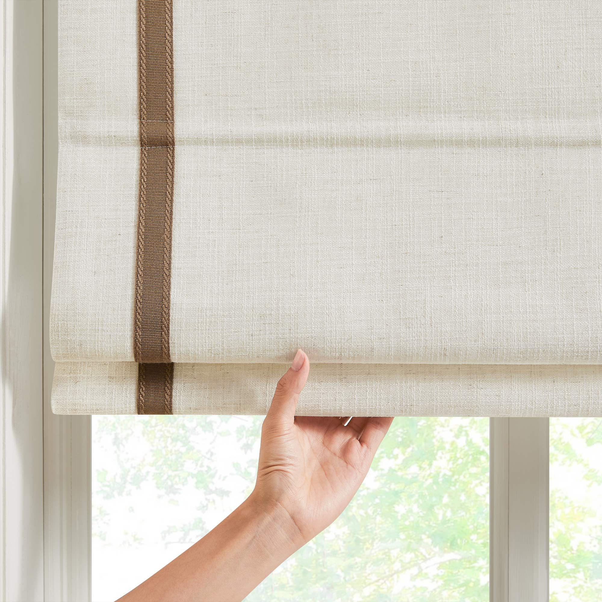 Lesley Custom Linen Roman Shades - Ivory with Trim – Curtarra